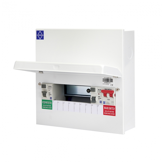 Lewden 6 Way Split Load Consumer Unit With 100A Main Switch 2 x RCCB ...